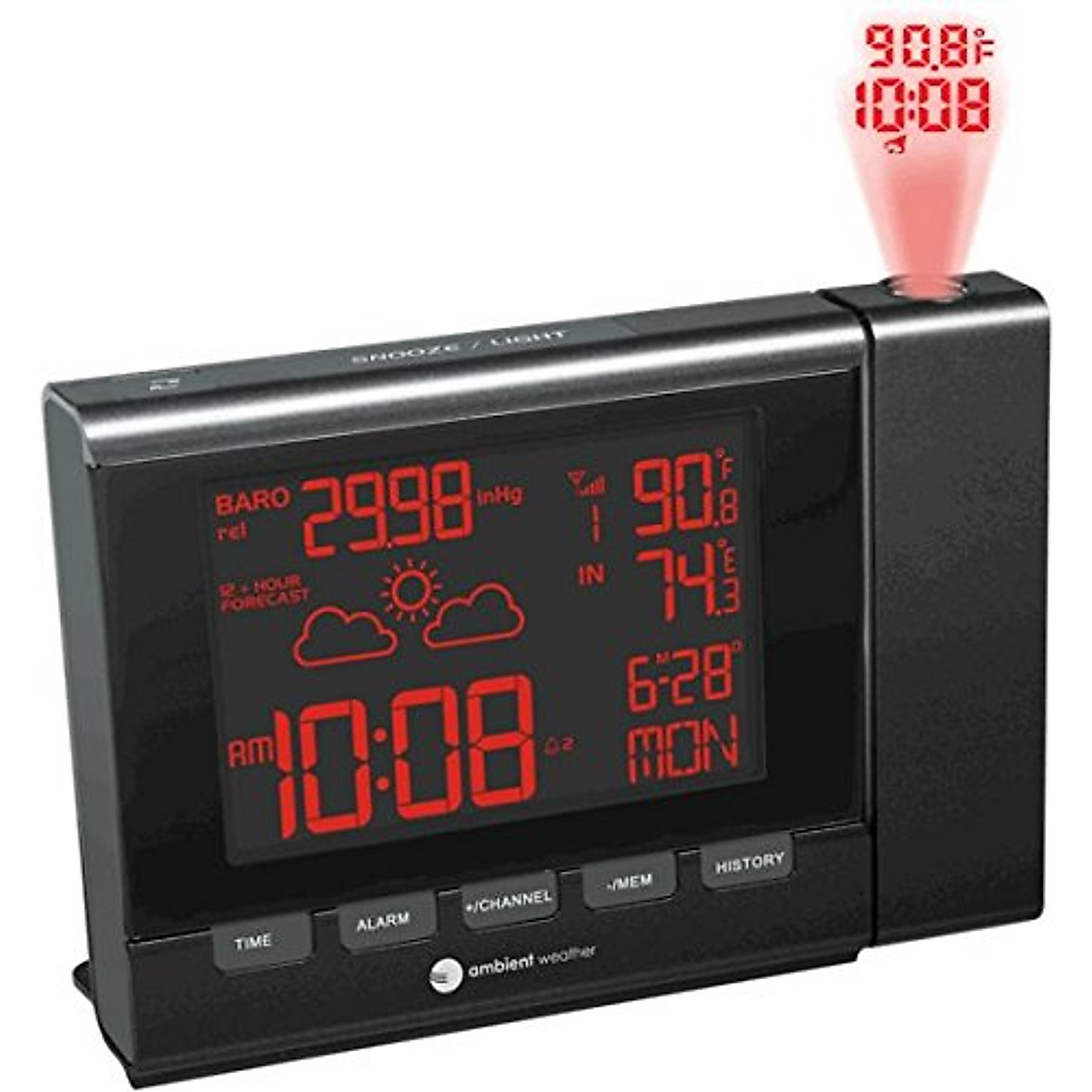Ambient Weather RC-8401 Projection Clock with Forecast, Barometer, Atomic Clock and Indoor/Outdoor Temperature Color Changing Display