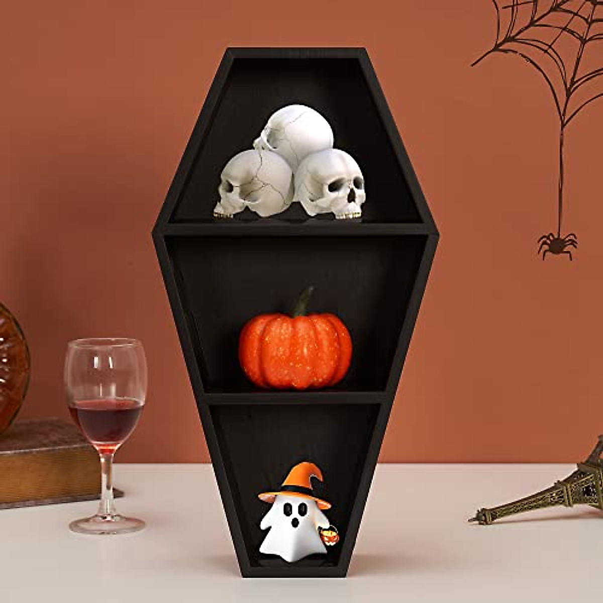 Ytlandy Coffin Bookshelf Halloween Gothic Room Decor Floating Shelves Witchy Crystal Shelf Black Floating Wooden Shelf for Wall or Table Top Coffin Tray Halloween Creepy Goth Home Decor