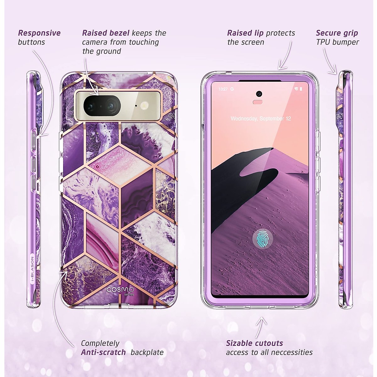 i-Blason Cosmo for Google Pixel 7 Case with Built-in Screen Protector [Support Wireless Charging] Slim Full-Body Stylish Shockproof Anti-Scratch Protective Phone Case for Pixel 7 (2022), Purple