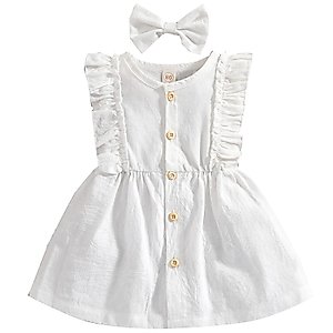 Cudilica Toddler Baby Girls Summer Dress Sleeveless Ruffle Solid Cotton Linen Button Princess Dresses Headband Infant Set (White, 6-12 Months)