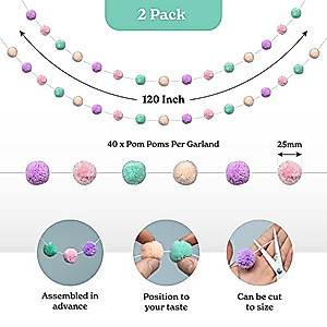 Easter Pom Pom Garlands (2 x 120 Inches - 40 Balls Each, 25mm Diameter) Colorful Pom Ball Decoration Strings with Pastel Rainbow Effect (4