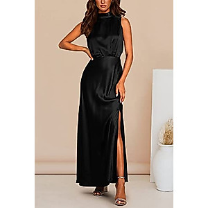 PRETTYGARDEN Women's Long Formal Satin Dress Mock Neck Sleeveless Side Slit Flowy Maxi Tank Dresses (Black,Medium)