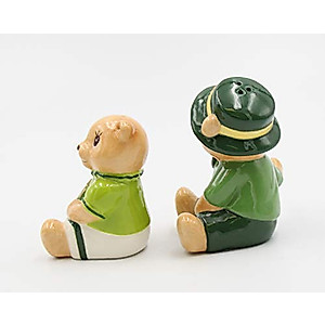 Fine Ceramic Irish St. Patrick Teddy Bear with Shamrock Prints Design Salt & Pepper Shakers Set, 3-1/2"