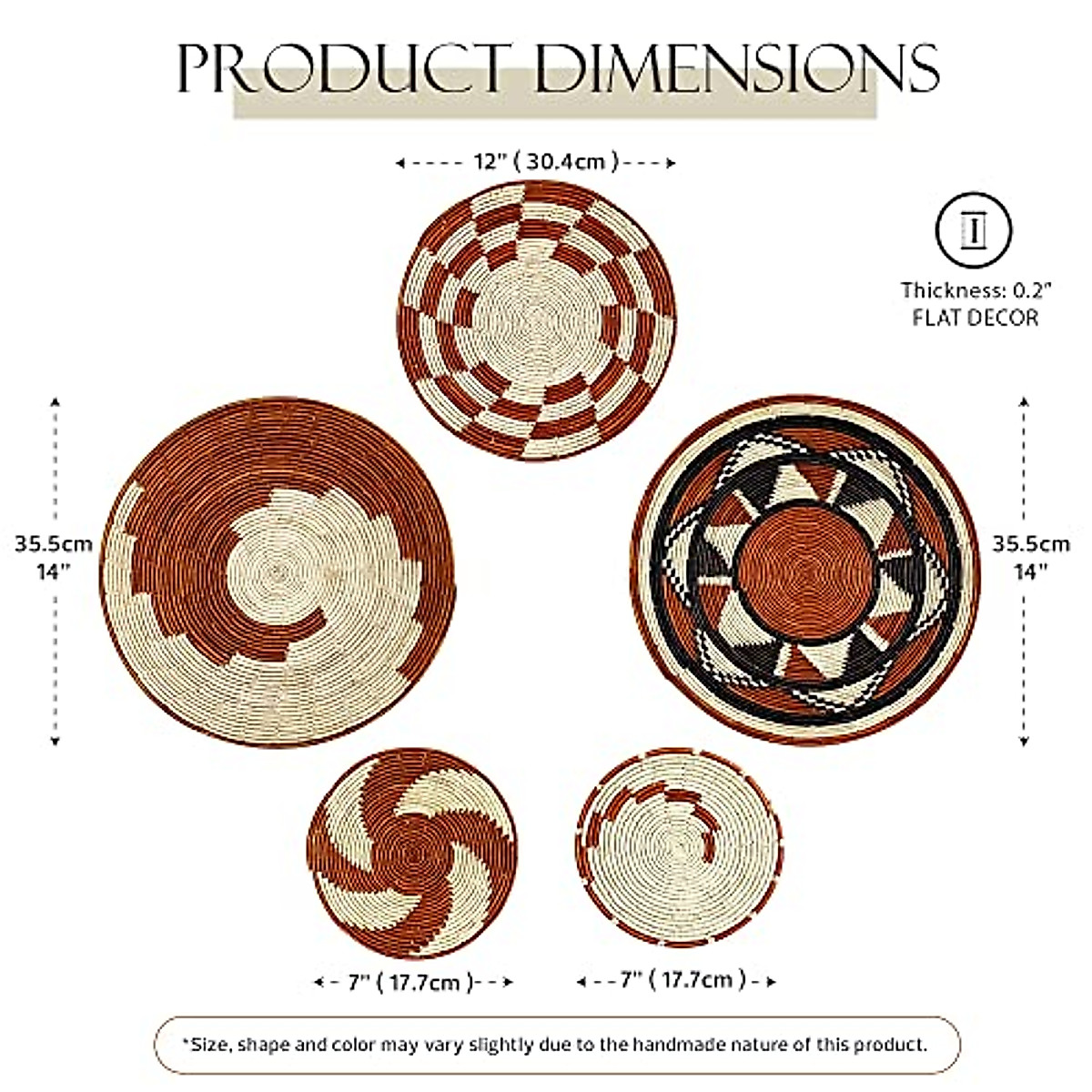 Artizenway Handmade Flat Wall Decor Basket Set of 5-Boho Wall Hanging Basket Crafted From Date Palm Leaves -Suitable For Bedroom, Living Room, Rest Room Or Dining Table