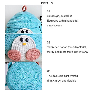 JARPSIRY Small Round Cotton Rope Woven Storage Basket with Lid, Cute Cartoon Animal Shaped Decorative Storage Bin Box, Caddy Organizer, Container for Snacks and Toys (Penguin)