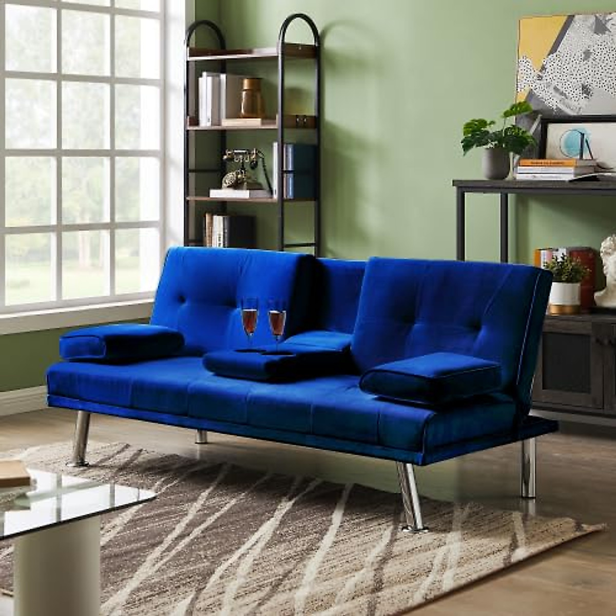Modern Futon Sofa Bed, Convertible Folding Sleeper Couch for Compact Living Space, Velvet Upholstered Loveseat Couch Bed for Office Apartment, Dorm,2 Cupholders and Armrest, Metal Legs (Blue Velvet)