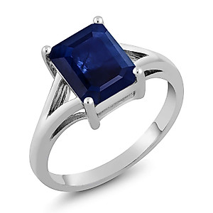 Gem Stone King 925 Sterling Silver Blue Sapphire Solitaire Engagement Ring For Women (2.45 Cttw, Emerald Cut 9X7MM, Gemstone September Birthstone, Available in Size 5,6,7,8,9)