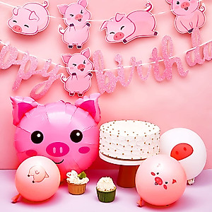 36 Pcs Pig Birthday Party Decorations Pink Pig Farm Animal Birthday Banner Piggy Latex Balloons Jumbo Pink Pig Head Foil Balloons for Piggy Baby Shower Decorations Pink Farm Themed Party Supplies