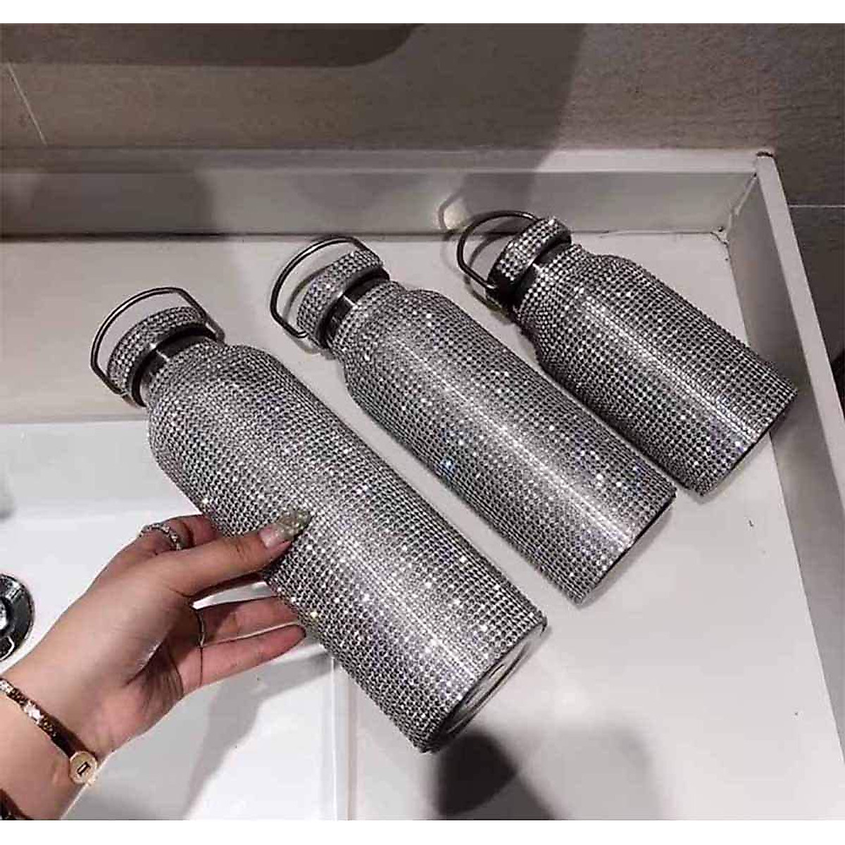 JDKD Diamond Thermos Water Bottle Rhinestone Thermos Cup,Diamond Vacuum Flask Sparkling High-end Insulated Bottle Stainless Steel with Lid Silver (500ML)
