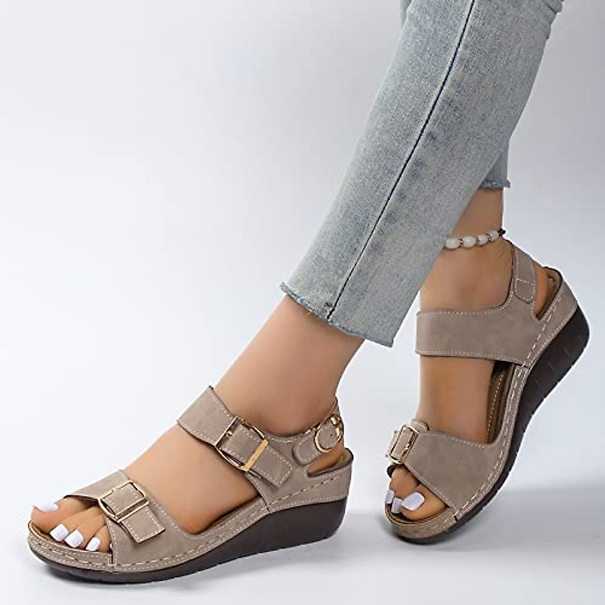 Sandals for Women Wide Width,Summer Comfy Platforms Sandals Shoes Beach Travel Shoe Casual Beach Sandals (Grey, 7)