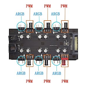 12V 4Pin PWM & 5V 3Pin ARGB with SATA 15Pin Power 2-in-1 Hub 6 Way Sync CPU Cooling Fan Addressable RGB Lighting PCB Splitter for Extended Motherboard Interface -Black Compatible With Desktop