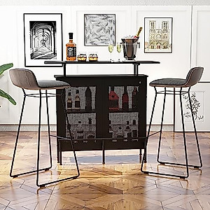 Giantex 4-Tier Home Bar Unit, Home Bar Cabinet w/ 2 Wine Storage Shelves & 6 Stemware Holders, Metal Front & Footrest, 7 Adjustable Feet, Industrial Metal Wine Bar Table for Kitchen, Pub, Black
