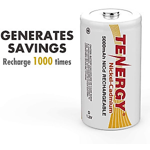 Tenergy D Size 5000mAh NiCd Button Top Rechargeable Batteries, 8 Pack