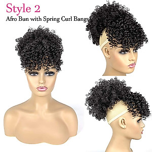 Allyreetress Afro Puff Drawstring Ponytail with Bangs Pineapple Updo Hair for Black Women,Short Kinky Curly Ponytail Bun with 2 Replaceable Bangs(#1B-Black)
