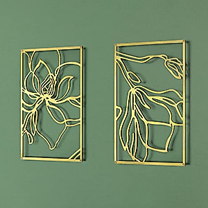 Pinetree Art Gold Metal Wall Art Flowers 3D Line Minimalist Decor Wall Sculpture Minimalist Decor Home Living Room Bedroom Wall Decoration, Set of 3 (flower-gold)