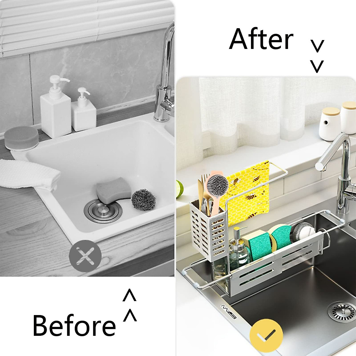 ParkNbuy Expandable Kitchen Sink Caddy Sponge Holder,Stainless Steel Telescopic Sink Storage Rack,Over Sink Adjustable Sponge Holder for Kitchen Sink with Dishcloth Towel Rack,Black