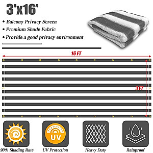 Vocray 3' x 16' Grey White Balcony Privacy Screen Fence Cover UV Resistant Protection Heavy Duty for Deck, Patio, Backyard, Railing Shield, Cable Ties Included, 90%