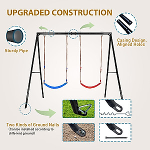 IKARE Metal Swing Frame with 2 Belt Swing Seats, Extra Large Swing Set for Kids and Adults, 2 Seats Supports up to 440 LBS, Fits for Indoor and Outdoor Activities, Garden, Backyard, Playground