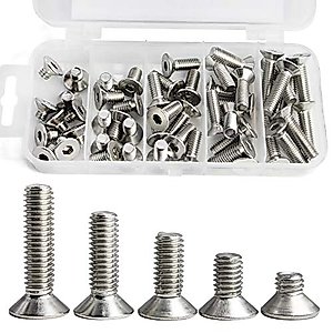 M6 x 8mm 12mm 16mm 20mm 25mm Flat Head Hex Socket Cap Screws Countersunk Bolts, 304 Stainless Steel, Fully Threaded, Bright Finish, Metric Allen Hex Drive, Assortment Kit 50PCS