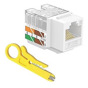 VCE Cat6 RJ45 Keystone Jacks UL Listed 50-Pack, Punch Down Ethernet Wall Jack 90-Degree Adapter in White with 1-Pack Wire Stripper Cutter