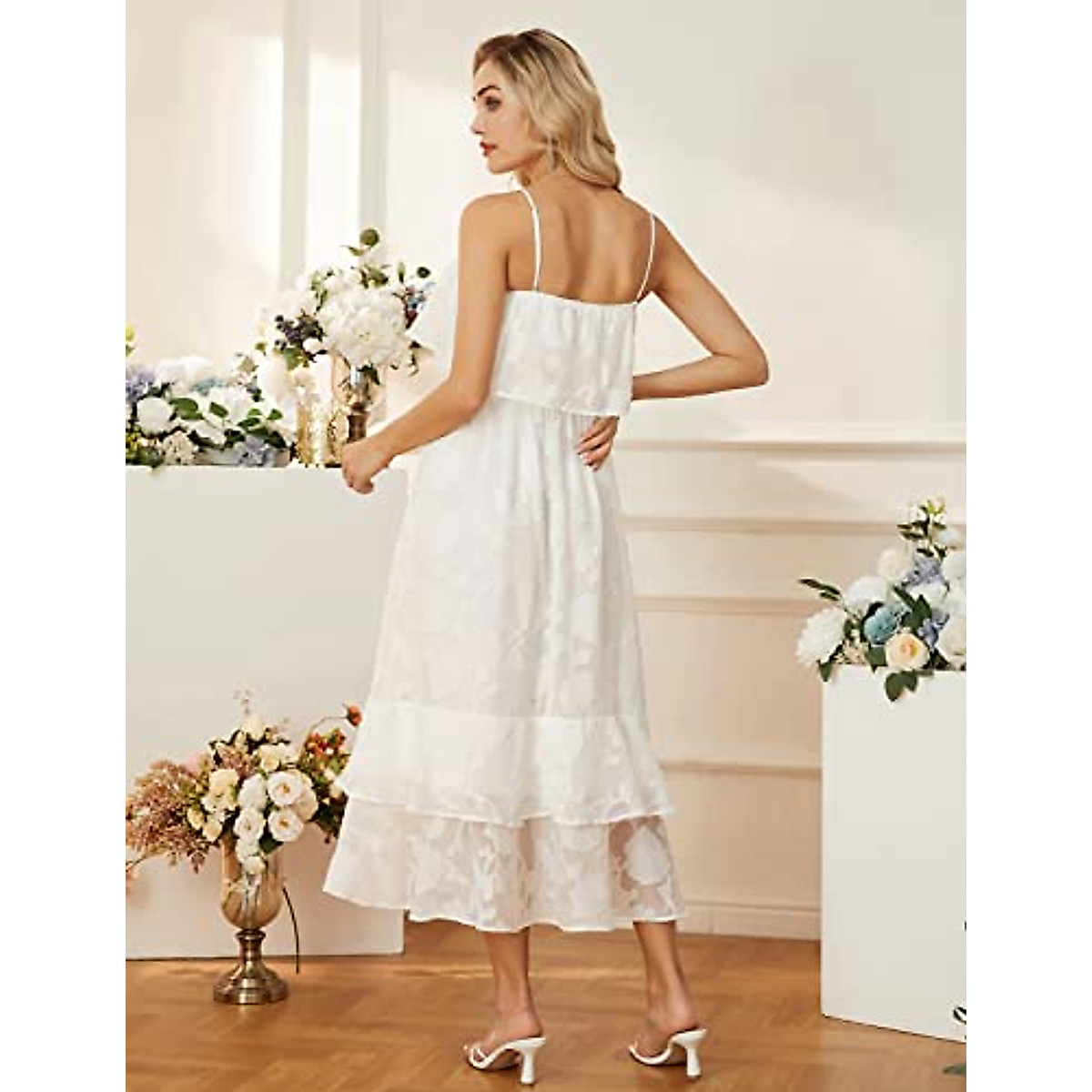 Cocktail Dresses for Women Wedding Guest Long Floral Textured Party Dresses Summer Holiday White L