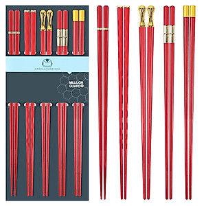 5 Pairs Chopsticks Reusable Fiberglass Dishwasher Safe, 9.57 inch/24.3cm Matte Non-Slip Family/ Hotel/ Restaurant Japanese Chinese Chop Sticks, Christmas & New Year Gift, Red&Gold