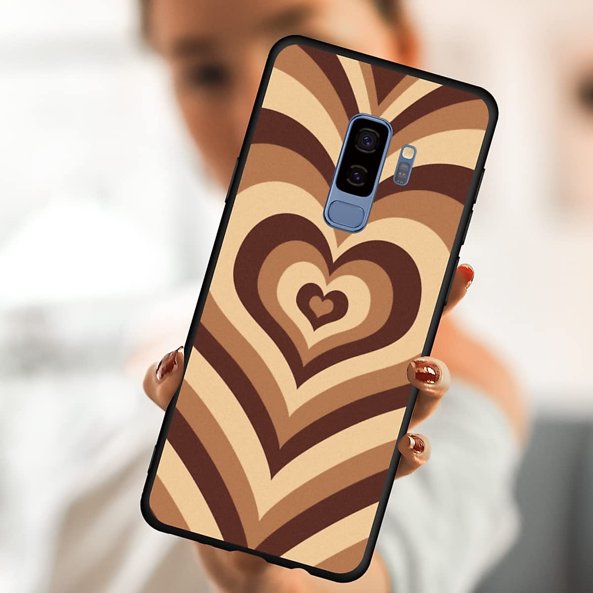 zaztify Compatible with Samsung Galaxy S9 Plus, Khaki Heart Tunnel Center Love Swirl Cute Pattern Shockproof Protective Anti-Slip Thin Slim Soft Phone Case Cover Shell