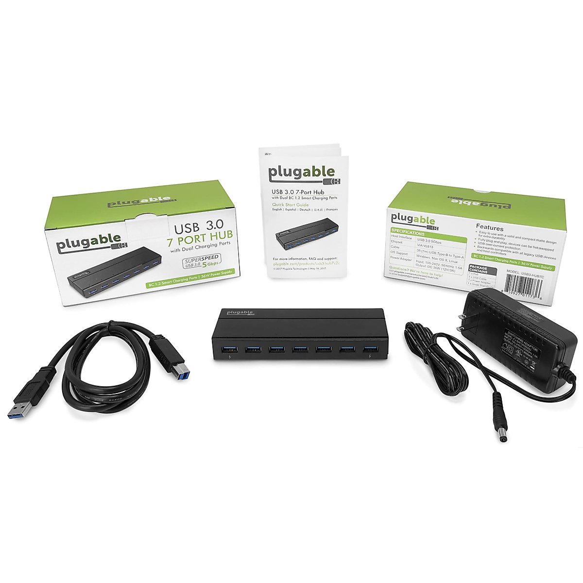 Plugable 7-Port USB 3.0 Hub with 36W Power Adapter - Driverless - Effortlessly Connect Devices and Transfer Data at High Speeds