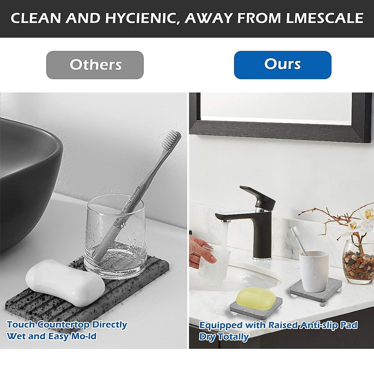 4 Pack Water Absorbent Diatomite Coasters, Instant Dry Sink Organizer Water Absorbing Stone Tray Diatomaceous Earth Soap Dish Toothbrush Holder Stone Drying Mat for Bathroom Kitchen Sink Countertop