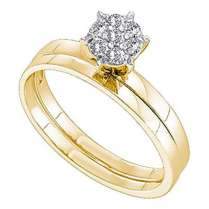 Size - 10 - 10k Yellow Gold Diamond Ladies Womens Classic Traditional Bridal Engagement Ring with Matching Plain Solid Wedding Band Two 2 Ring Set Invisible Solitaire Style Center Setting Pave Channel Set Round Cut Diamond Ring 2mm (1/10 cttw)