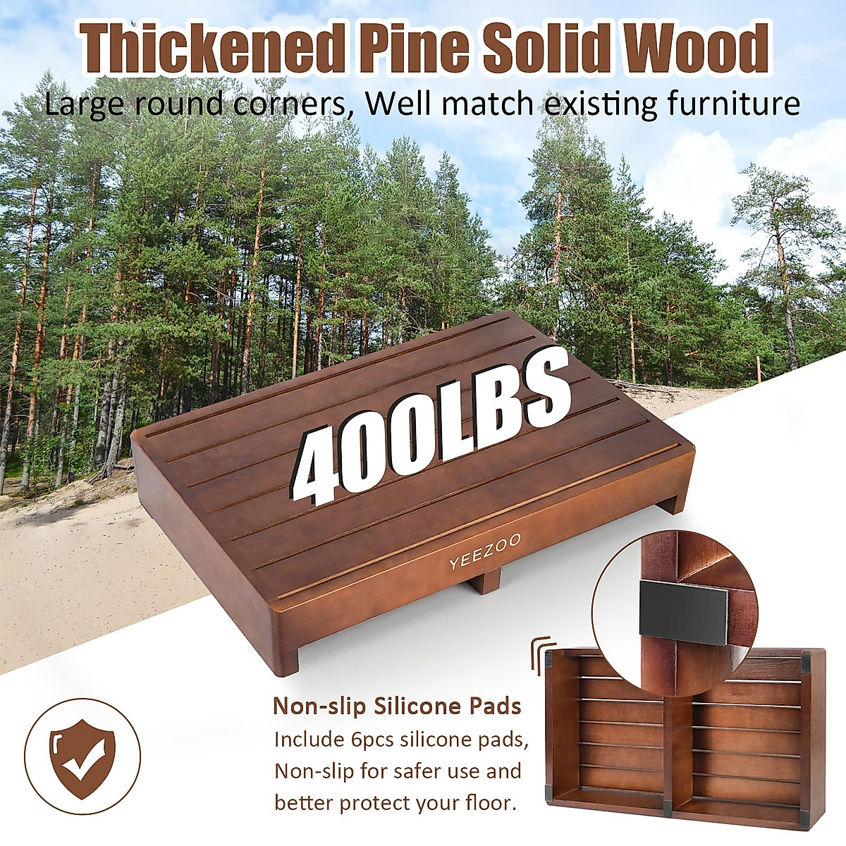 Wooden one Step Stool- Solid Pine Wood Step Riser with Non-Slip Pads, Wood Step Stool for Elderly Adults, high Bed, Bathroom, Kitchen (23.6" L*15.7" W*3.9" H, Brown, 400LBs Capacity)