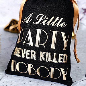 Cytdkve Gold Foil Wedding Favor Bags Bachelorette Party Hangover Kit Drawstring Bags for Bridesmaid Gifts (10 Pieces, Black, 5 x 7 Inch)