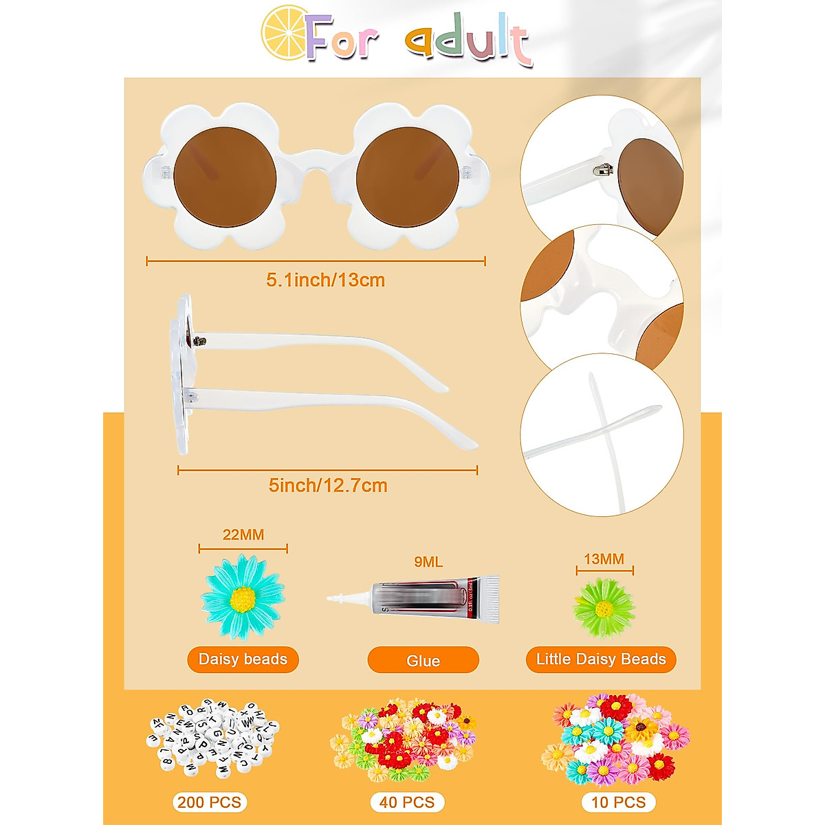 Tigeen 10 Pairs 5.71in Adult Flower Sunglasses Glasses UV Protection Glasses with 50 Daisy Charms 200 Random Letter Beads(Trendy Colors)