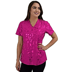 Womens Medical Nursing Foil Printed Scrub Uniform Top Zinnia-BC Ribbon Floral - Magenta-Large
