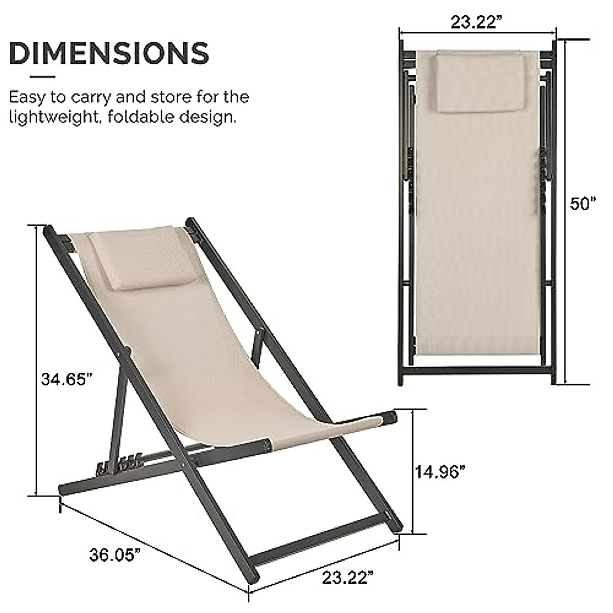 PURPLE LEAF Patio Sling Chairs Set of 2 Outdoor Portable Folding Beach Chairs Adjustable Reclining Chairs with Aluminum Frames and Cushioned Headrest, Beige