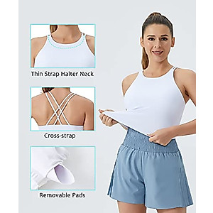THE GYM PEOPLE Women's Cross Back Sports Bra Halter Neck Workout Crop Tank Tops with Removable Pads White