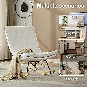 KOMIWOO Lazy Rocking Chair,Comfortable Lounge Chair with Wide Backrest and Seat Wood Base, Upholstered Armless Rocker Chair for Living room, Balcony,Bedroom and Patio Porch. (WHITE)