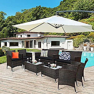 Tangkula 8 PCS Patio Rattan Conversation Set, Outdoor Wicker Furniture Set with Tempered Glass Coffee Table &Thick Cushion, Rattan Chair Wicker Set for Garden, Lawn, Poolside and Backyard (2, Black)