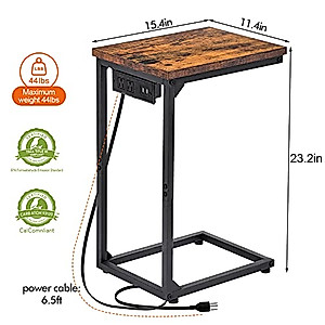 AMHANCIBLE C Shaped End Table with Charging Station, Side Table Set of 2, Sofa Table for Small Space, TV Trays, Metal Frame, USB Ports Power Outlets, Rustic Brown HET02CPBR