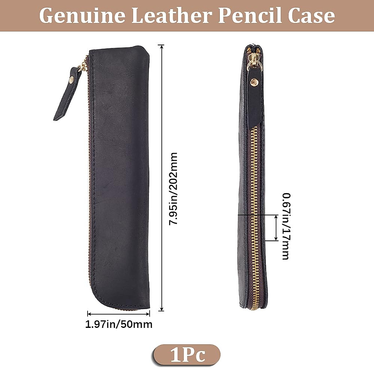 GORGECRAFT Slim Crazy Horse Genuine Leather Pencil Case Portable Zippered Pen Case Ultra Slim Soft Pen Bag Retro Minimal Cosmetic Pouch Pencil Organizer Stationery Bag for Pens Adults Xmas Gift, Black