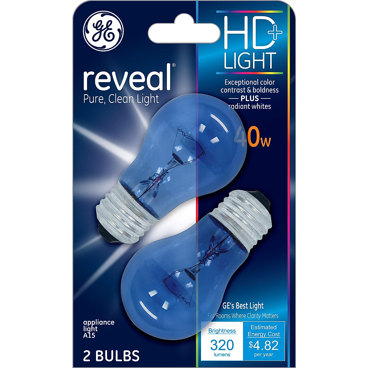 GE Lighting 48706 40-Watt Reveal A15 Appliance Bulb, 2-Card, 2 Count (Pack of 1), Clear
