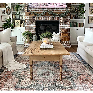 Hauteloom Rosman Machine Washable 7'10"x10'2" Living Room Bedroom Area Rug - Persian Oriental - Vintage Distressed Medallion - Pet & Child Friendly - Stain & Water Resistant - Terracotta, Brown
