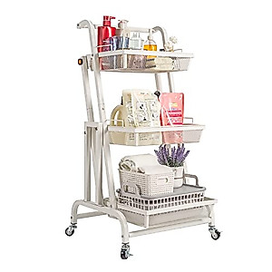 UPGLOW 3-Tier Metal Rolling Utility Cart, Adjustable Kitchen Storage Cart with Removable Mesh Baskets, Storage Trolley with Handle and Lockable Wheels for Kitchen, Bathroom, Office, Coffee Bar