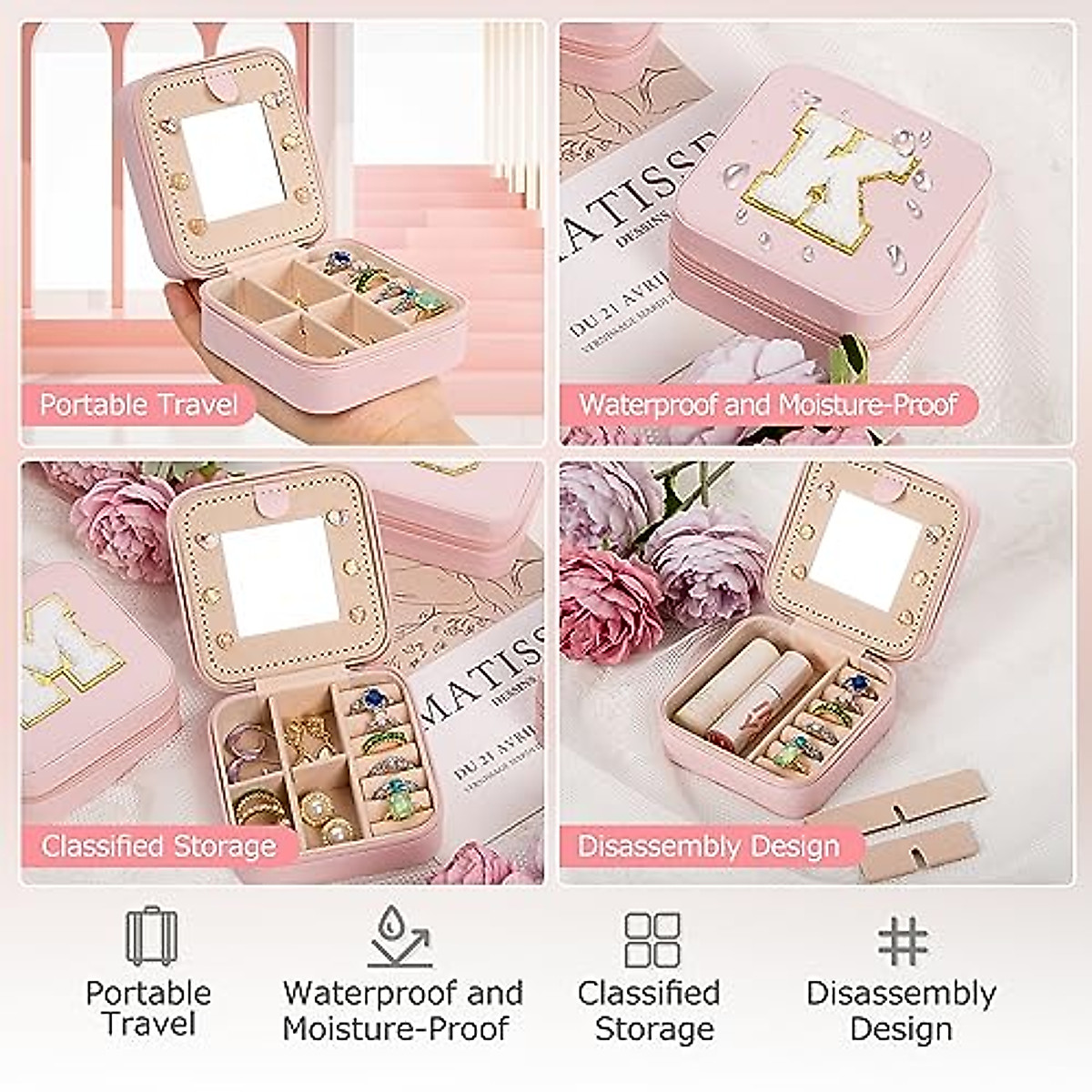 Ulico Travel Jewelry Case Jewelry Box- Small Jewelry Organizer with Mirror, Jewelry Holder Organizer Box, Travel Essentials Travel Gifts Birthday Gifts for Women Girls Friends Sister Initial Pink M
