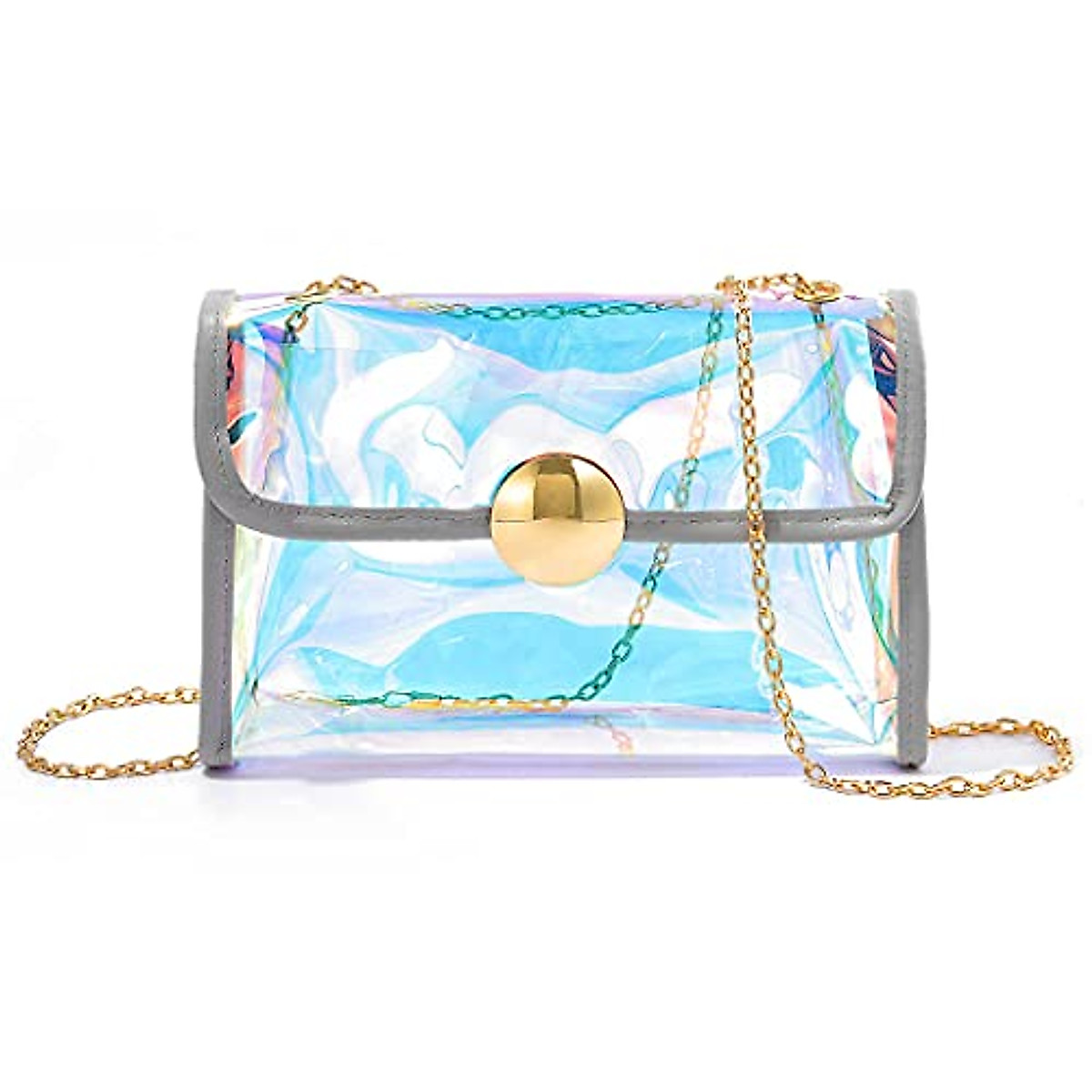 Zeelina Hologram Clear Crossbody Purse Bag Pink Shoulder Tote Handbag See Through Party Tarvel Beach Jelly Clutch Bag Messenger with Chains for Women and Girls (Gray)