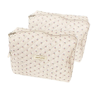 BILIPOPX 2 Pack Kawaii Cute Makeup Bag Aesthetic Travel Quilted Cotton Cosmetic Bag Organizer Toiletry Pouch for Women Teen Girls (Beige Floral)