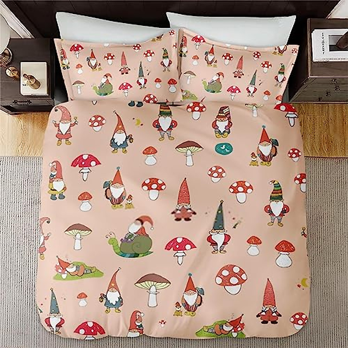 Duvet Cover Full Size, Gnome Funny Happy Red Bedding Set with Zipper Closure for Kids and Adults, Colorful Mushroom Elf Comforter Cover with 2 Pillow Shams for Bedroom Bed Decor