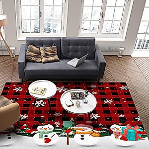 Christmas Rugs Machine Washable Area Rug, Rugs for Living Room, Rugs for Bedroom, Bathroom Rug Kitchen Rug Home Decor Carpet Runner Rug 5'x7', Snowman Snowflake with Red Black Plaid
