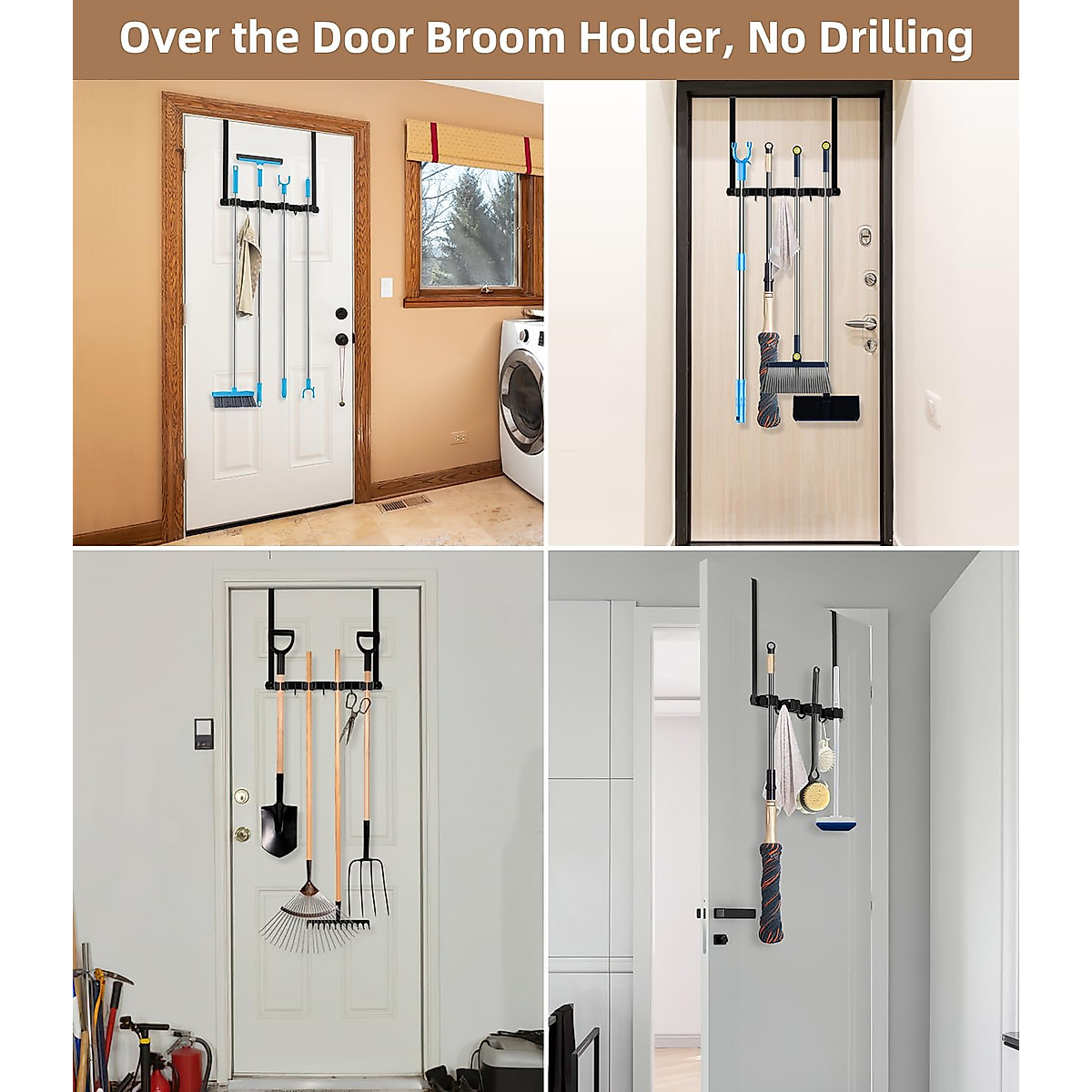 PrimZooty Broom Holder Over The Door 2PCS - 304 Stainless Steel Mop and Broom Hanger Wall Mounted or Hanging Over The Door with Hooks - Tool Organizer for Garage Closet Laundry Kitchen Decor