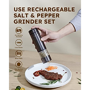 Sangcon Electric Salt and Pepper Grinder Set - USB Rechargeable - Automatic Black Pepper & Sea Salt Spice Mill - Adjustable Coarseness - One Hand Operation - LED Light Refillable - Metallic Gunmetal